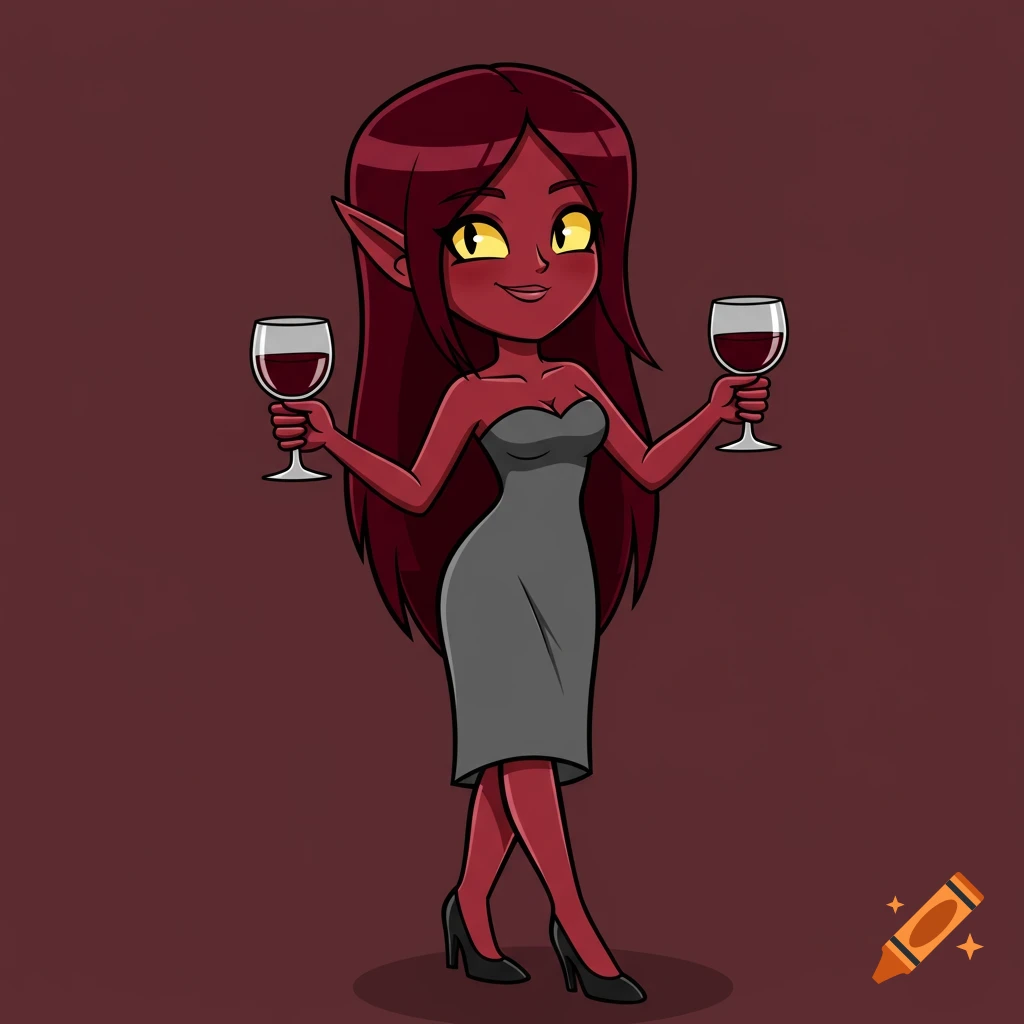 Cartoon style dark red elf woman with wine on Craiyon