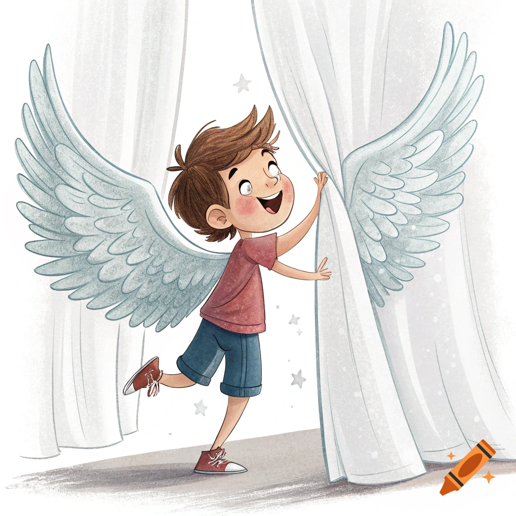 Illustration of a boy with angel wings pulling back a white curtain. on ...