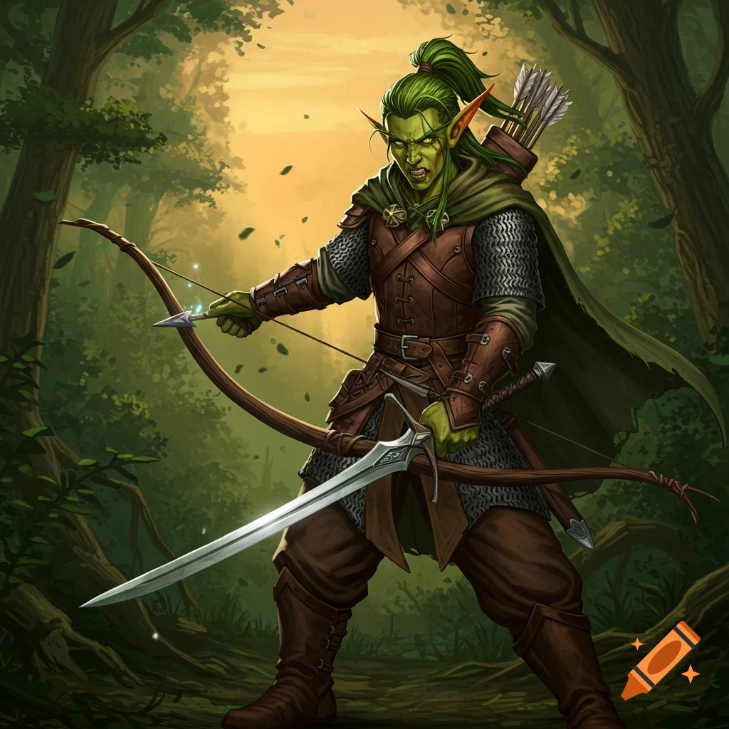 A green-skinned fantasy warrior with a bow and sword in a sunlit forest ...