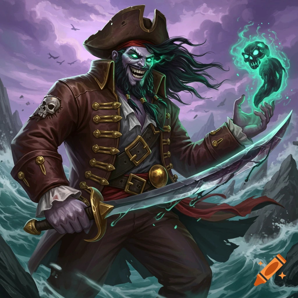 A cursed pirate with glowing green eyes and purple skin, holding a ...