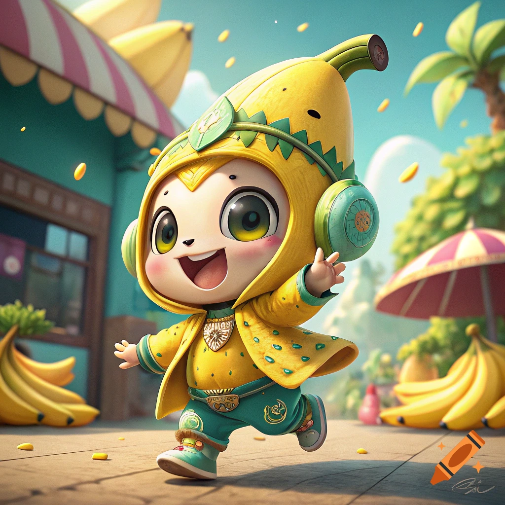 A cute cartoon character in a banana costume runs happily outdoors. on ...