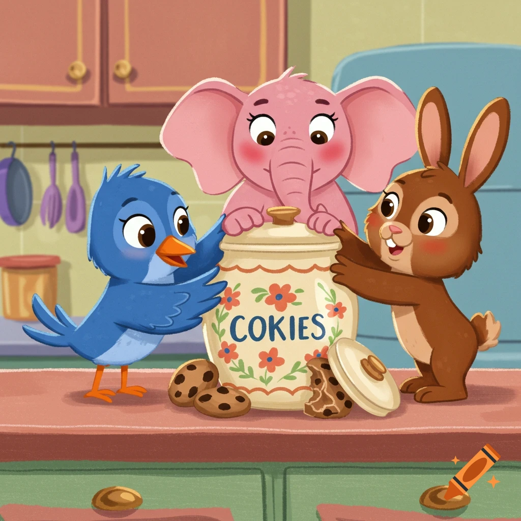 Cartoon of bird, elephant, and rabbit with cookie jar on Craiyon