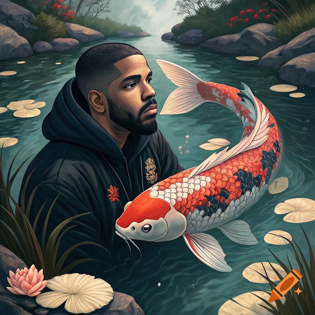 Man resembling Drake with a large koi fish in a pond. on Craiyon