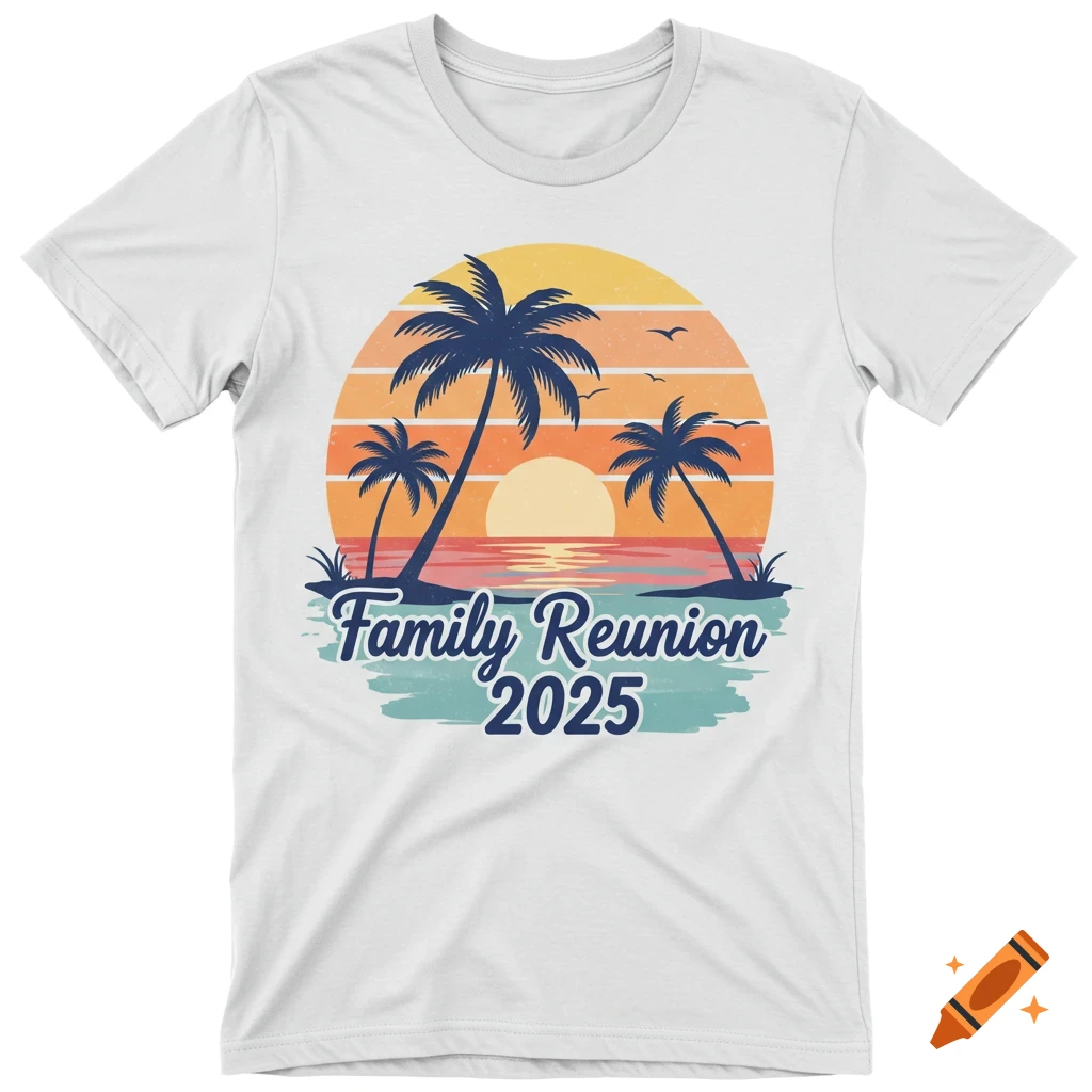 Palm trees beach sunset design on a Family Reunion 2025 white t-shirt ...