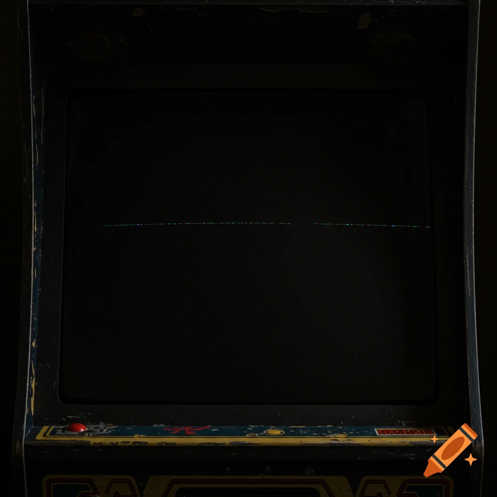 Close up of an arcade machine with a glitching screen in a dark room ...