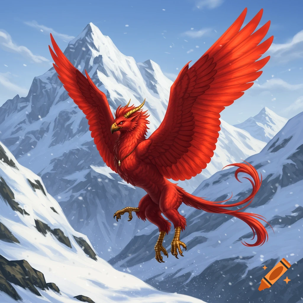 A red gryphon flies over snowy mountains. on Craiyon