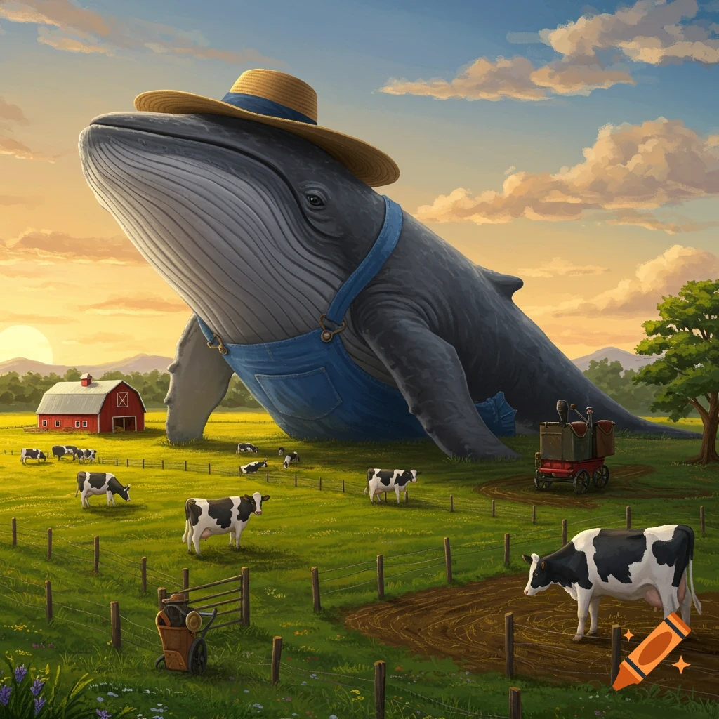 Whale owning a cattle farm illustration on Craiyon