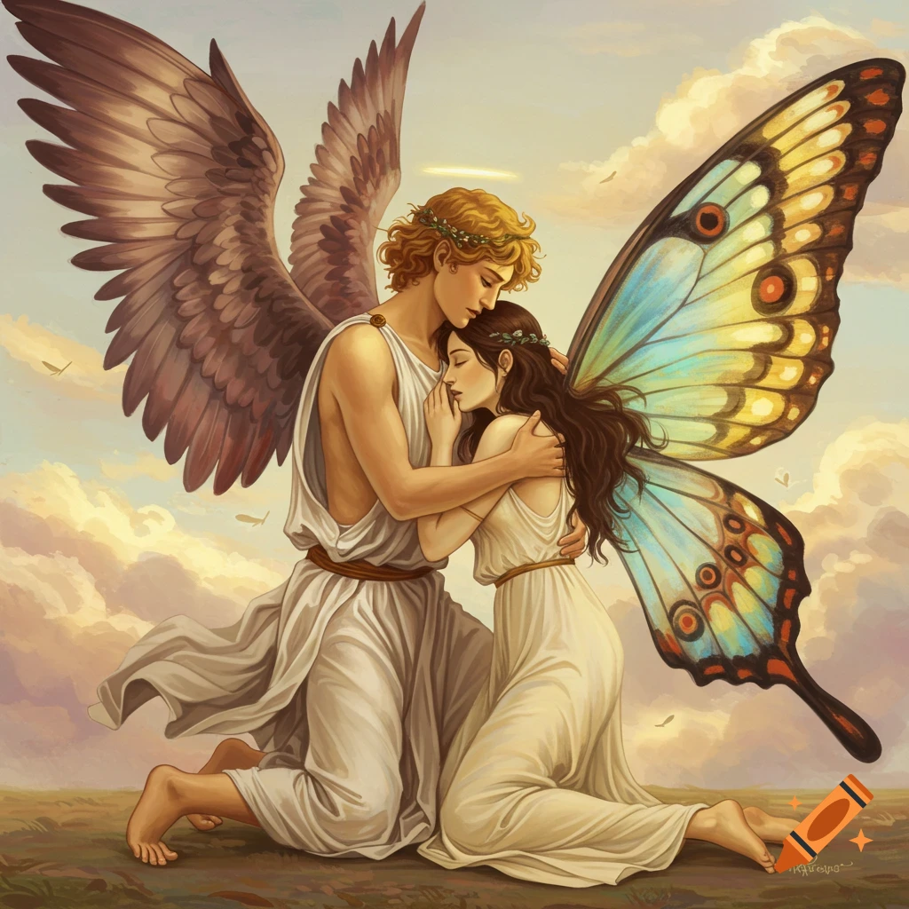 Eros embracing Psyche in a lush garden. on Craiyon