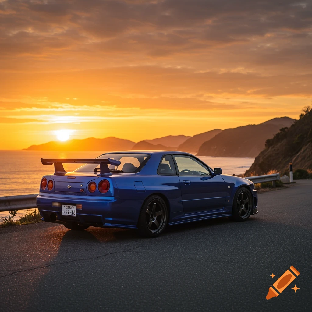 Nissan Skyline R34 at sunset on Craiyon