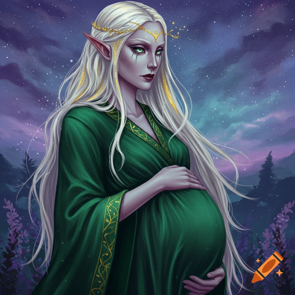 Aditu, a Sithi character, pregnant, from The Witchwood Crown on Craiyon