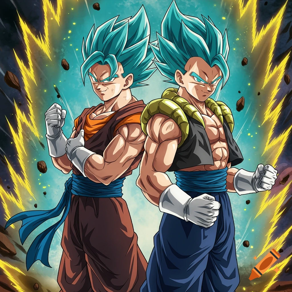Vegito and Gogeta in fighting pose, DragonBall Legends style on Craiyon