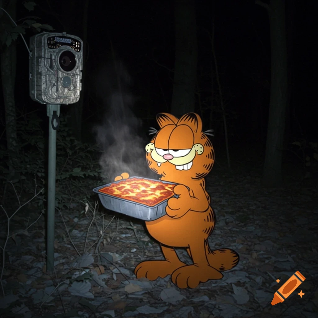 Garfield the cartoon cat holds a steaming pan of lasagna in a dark ...