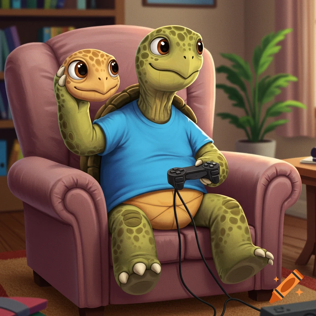 Cartoon illustration of a turtle sitting in an armchair, holding a game ...