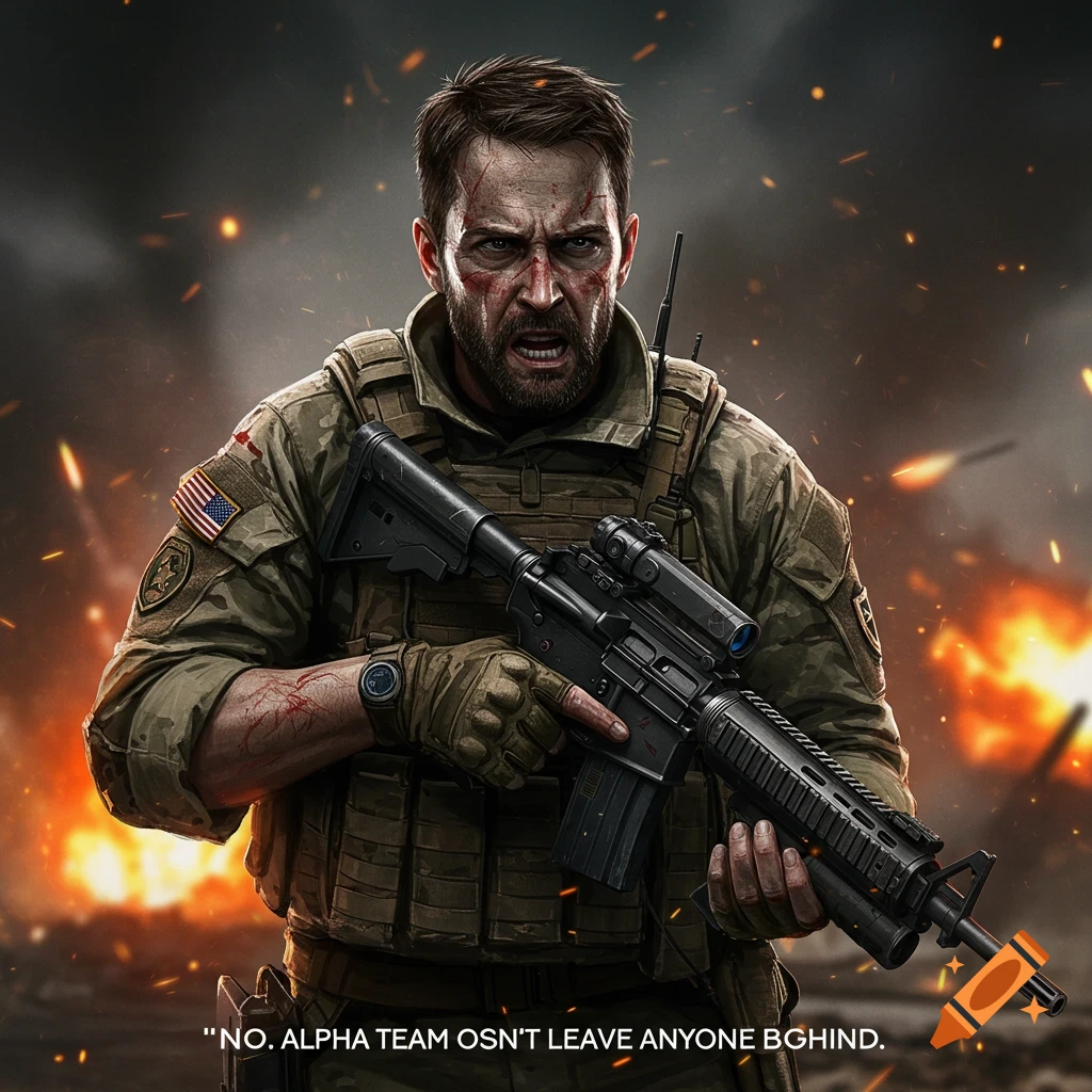 An angry soldier in tactical gear yelling and holding a rifle amidst ...