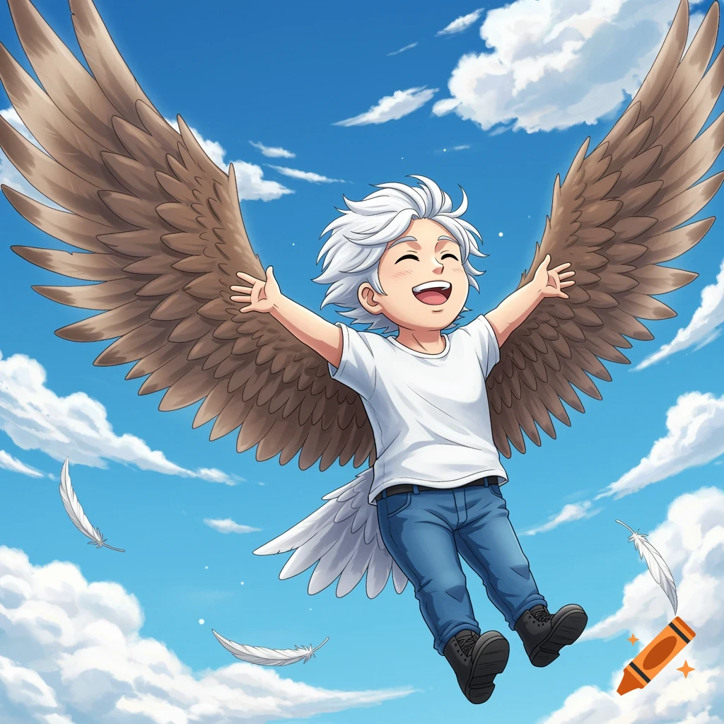 Anime man with eagle wings flying in the sky on Craiyon