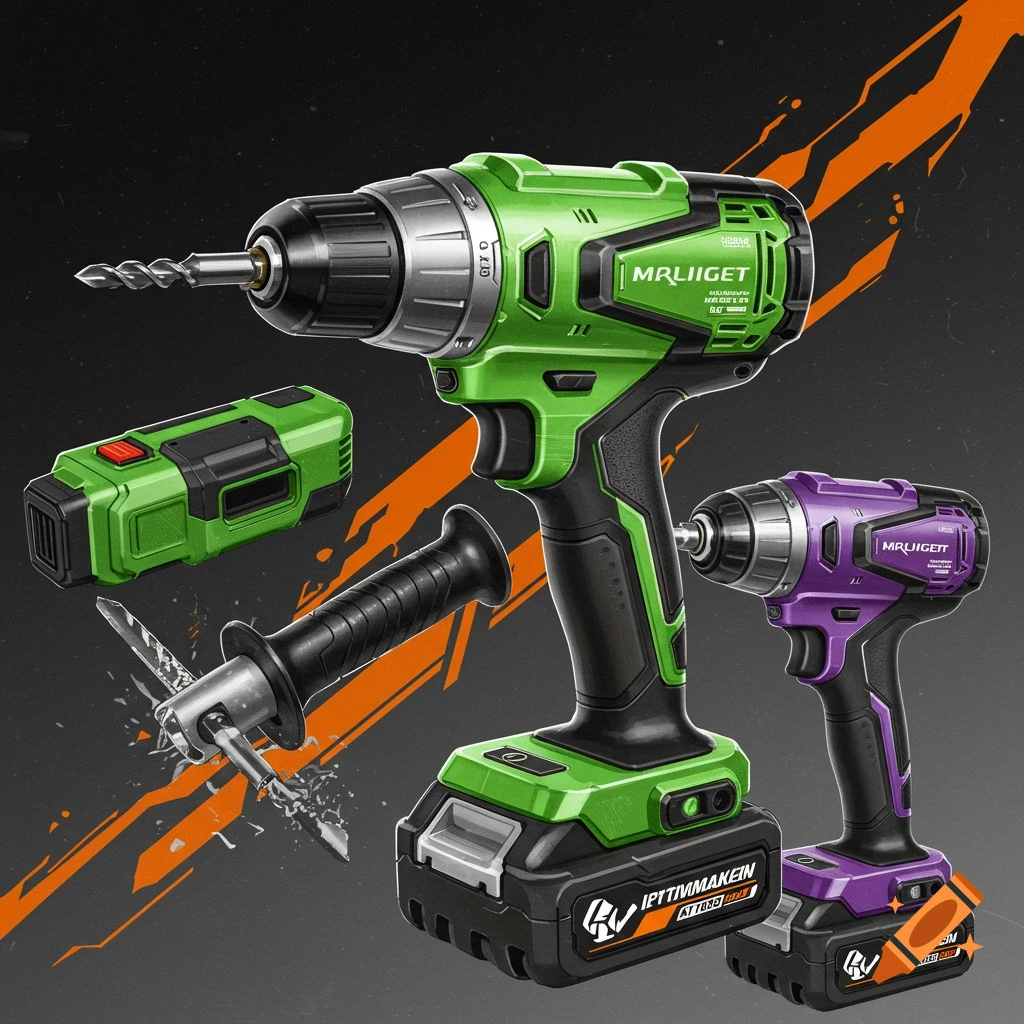 Cordless power tool concept art in green, orange, and purple on Craiyon