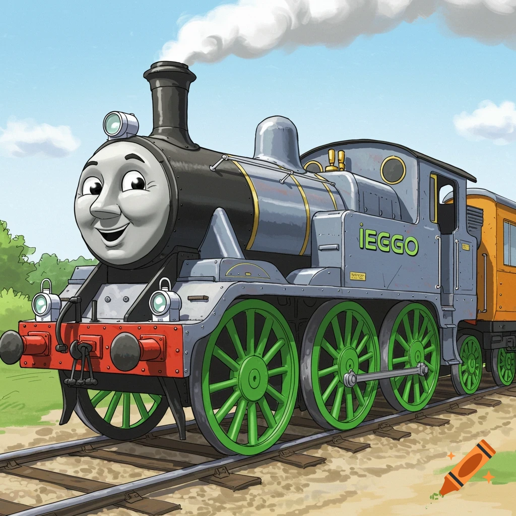 Cartoon train character with a yellow and teal body decorated with ...