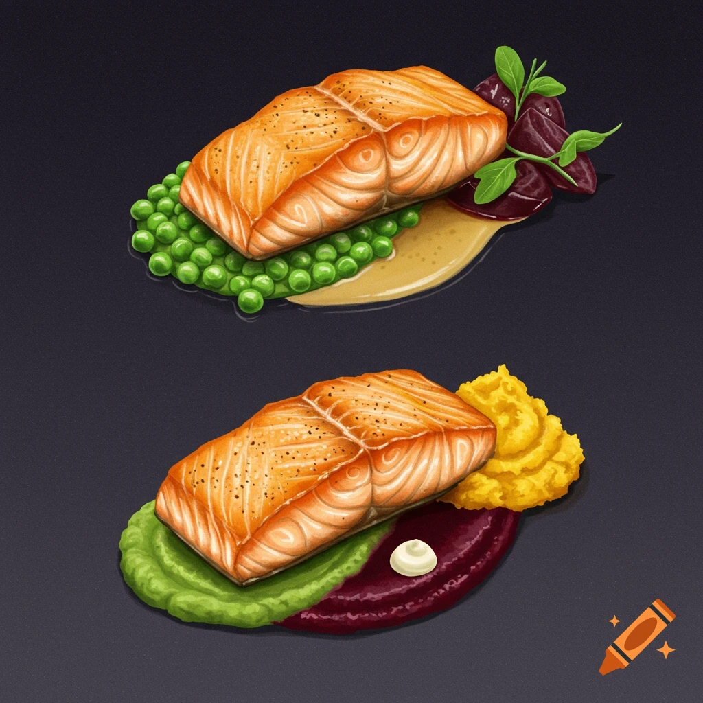 Two plates of cooked salmon are shown with different vegetable sides ...