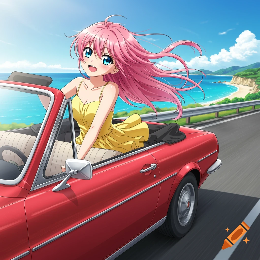 Anime girl with pink hair leaning out of a red convertible on a coastal ...