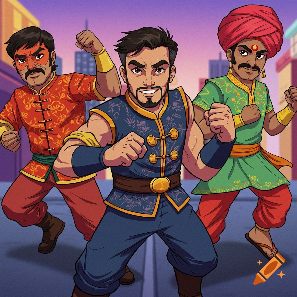 Stylized image of three muscular men in traditional Chinese and Indian ...