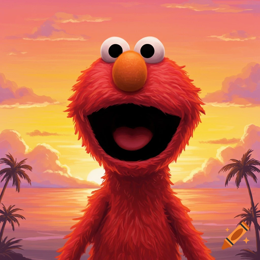 Elmo screaming against a vibrant tropical sunset. on Craiyon