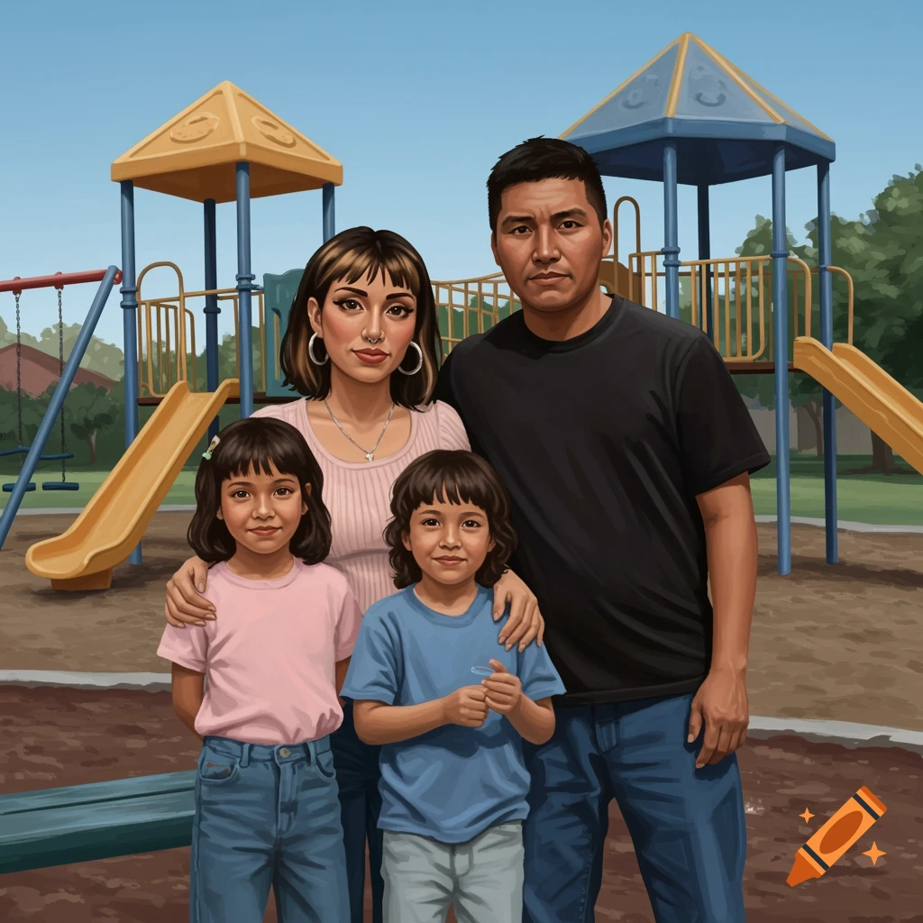 Family portrait with mom in early 2000s style near playground on Craiyon