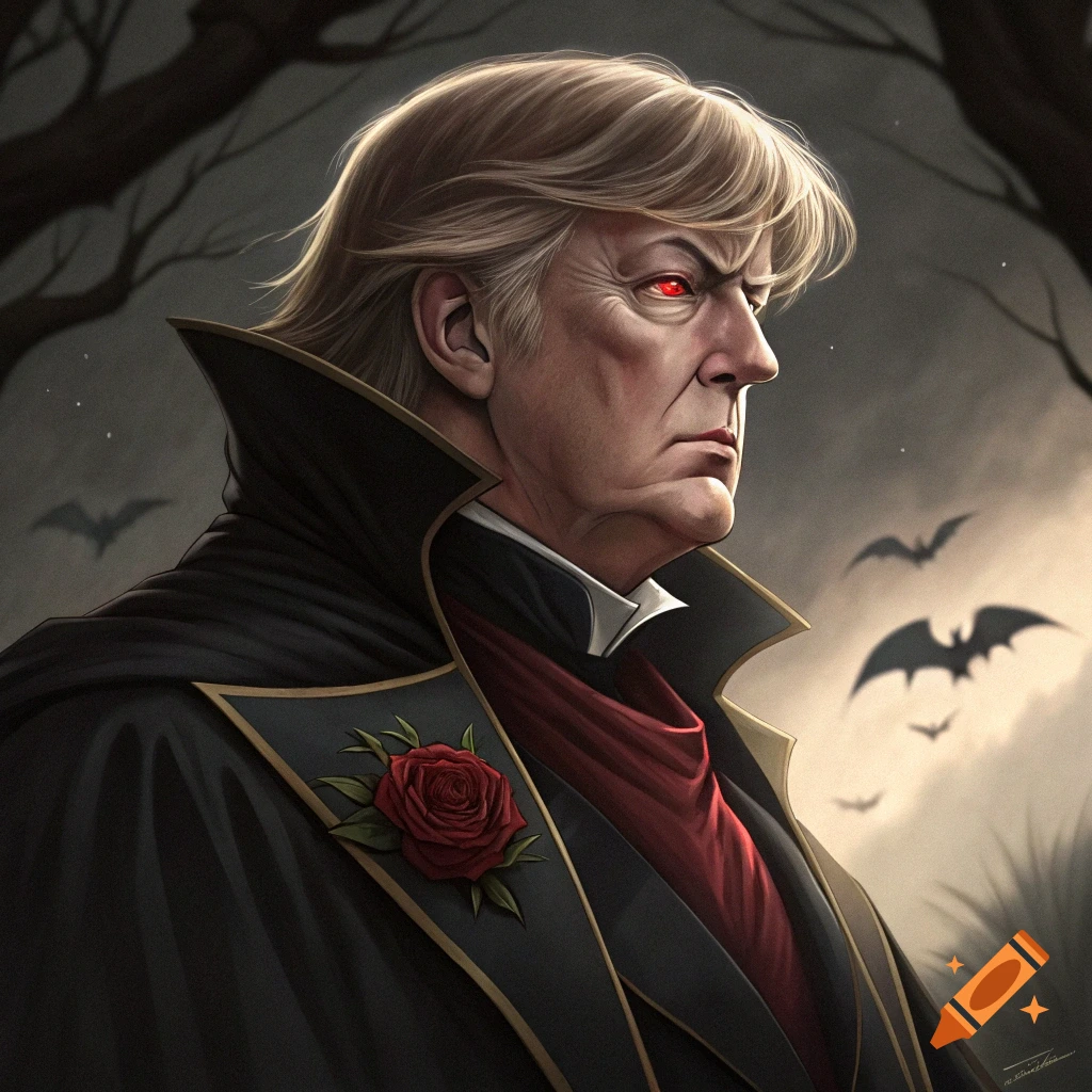 Portrait of Trump as a vampire-like figure with red eyes and a dark ...