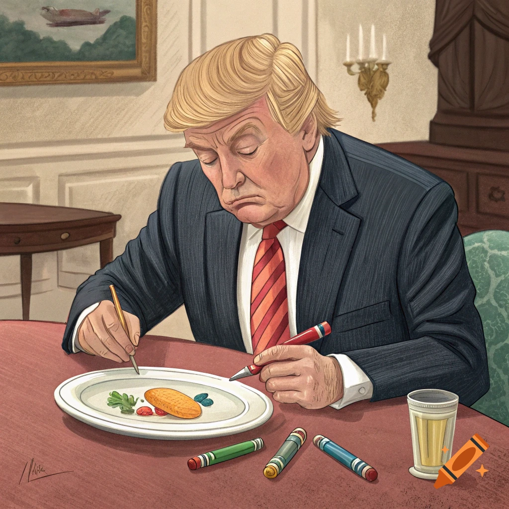 Illustration of Donald Trump writing on a plate with a crayon at a ...