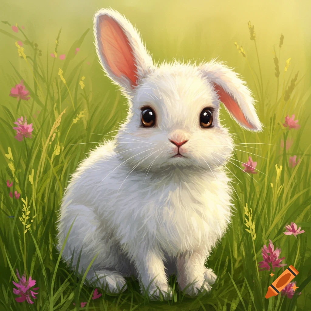 A fluffy white bunny sits in green grass with pink flowers. on Craiyon