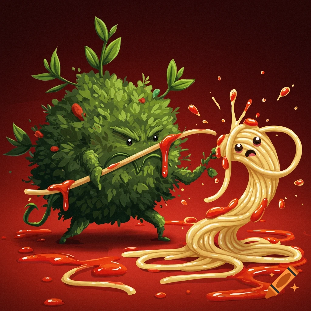 Shrub fighting a wet noodle in spaghetti sauce on Craiyon