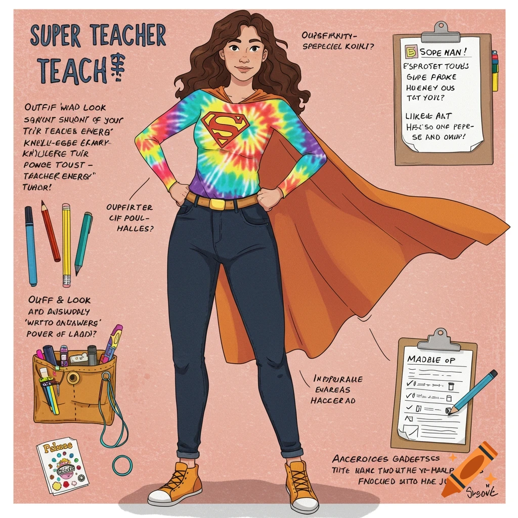 Superhero teacher with tie-dye top, jeans, hall-pass cape, magical ...