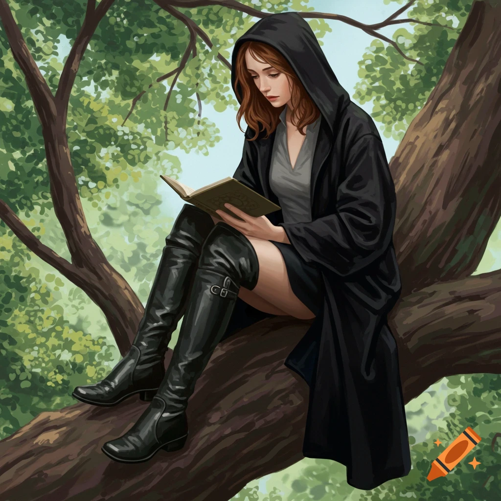 A woman in a black robe and boots sits in a tree reading a book. on Craiyon