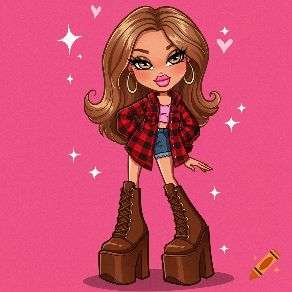 Cartoon Bratz doll with black hair, light green crop top, and brown ...