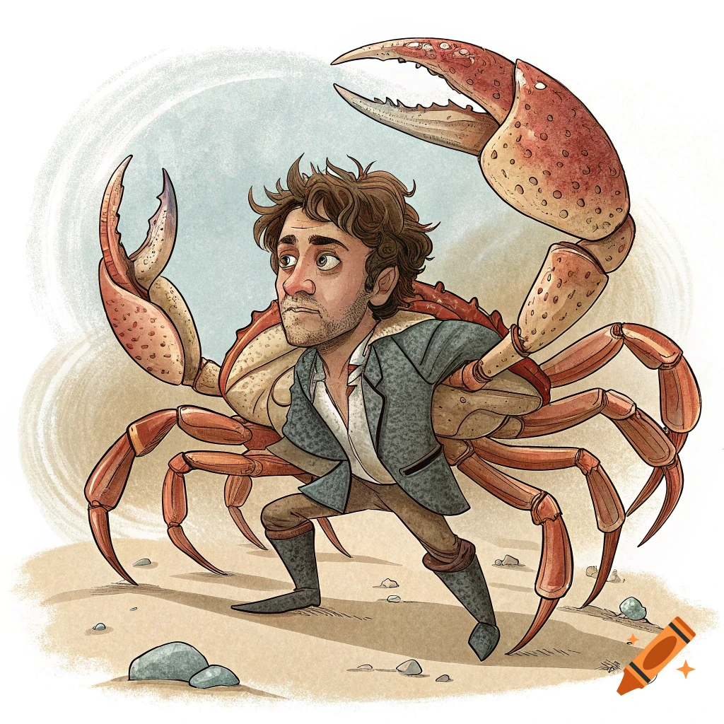 Cartoon illustration of a man's head on a large crab body standing on a ...