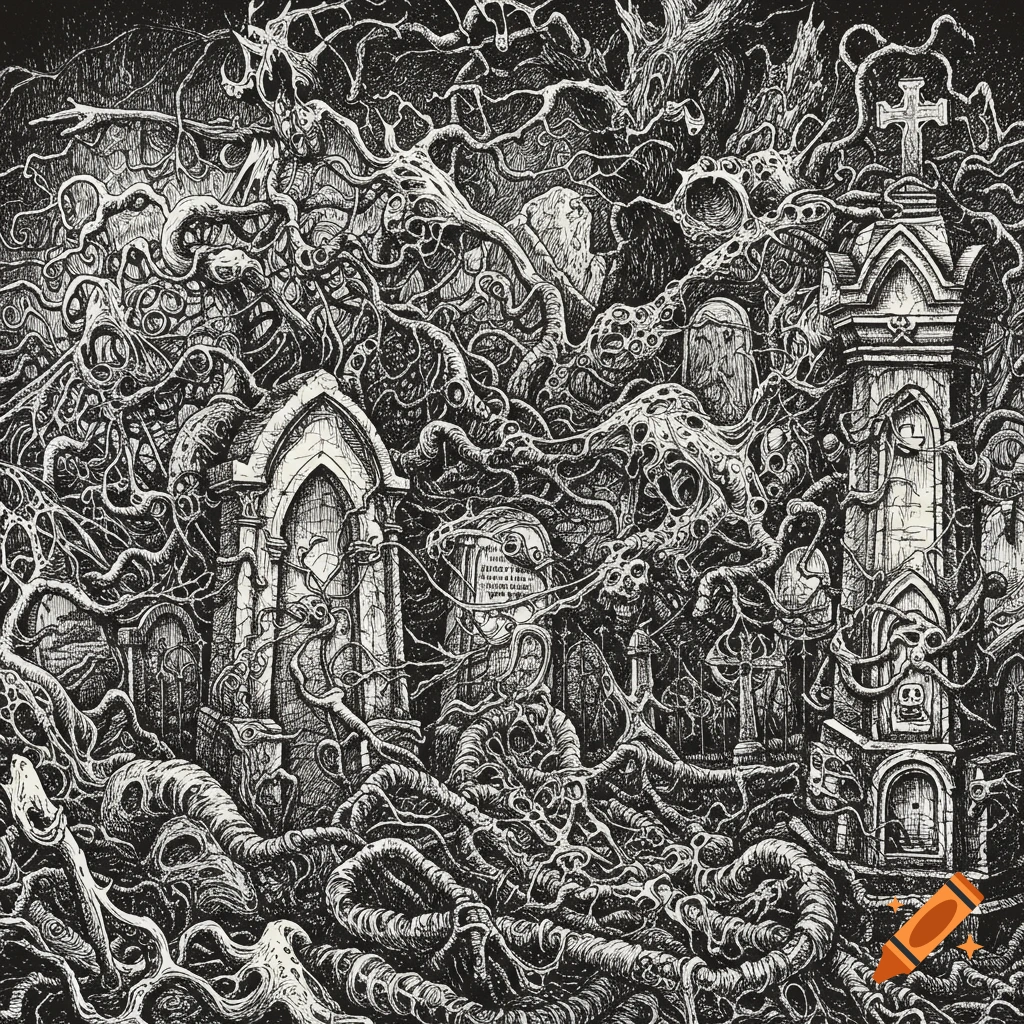 Black and white pen and ink drawing of abstract lines creeping through ...