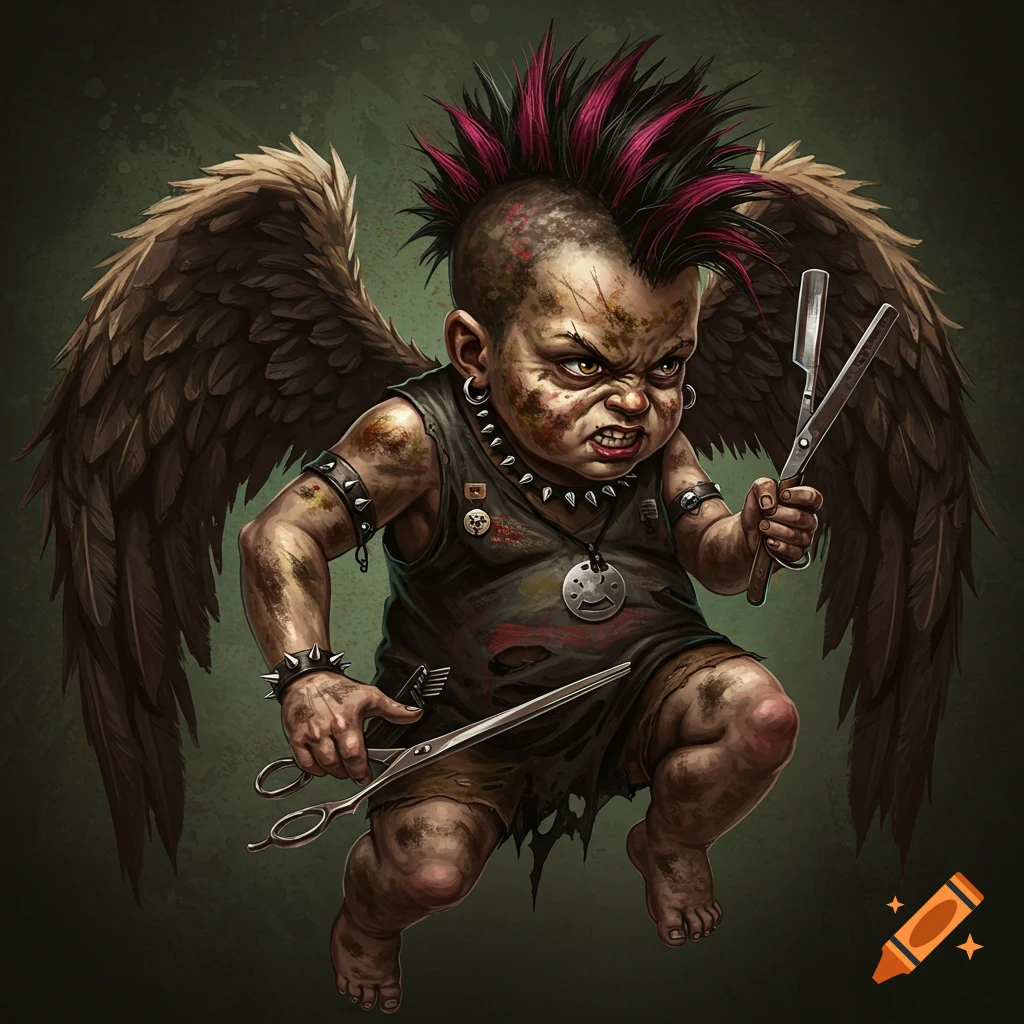 Punk cherub with shears and razor, macabre style on Craiyon