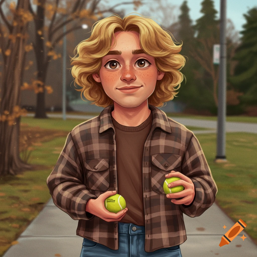 A young man with wavy blonde hair holding two tennis balls while standing on a sidewalk. on Craiyon