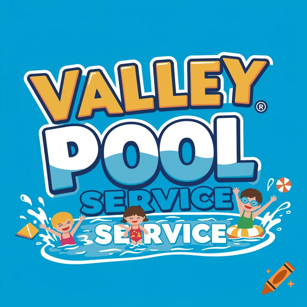 Valley Pool Service sign with swimming pool and children in swimsuits ...
