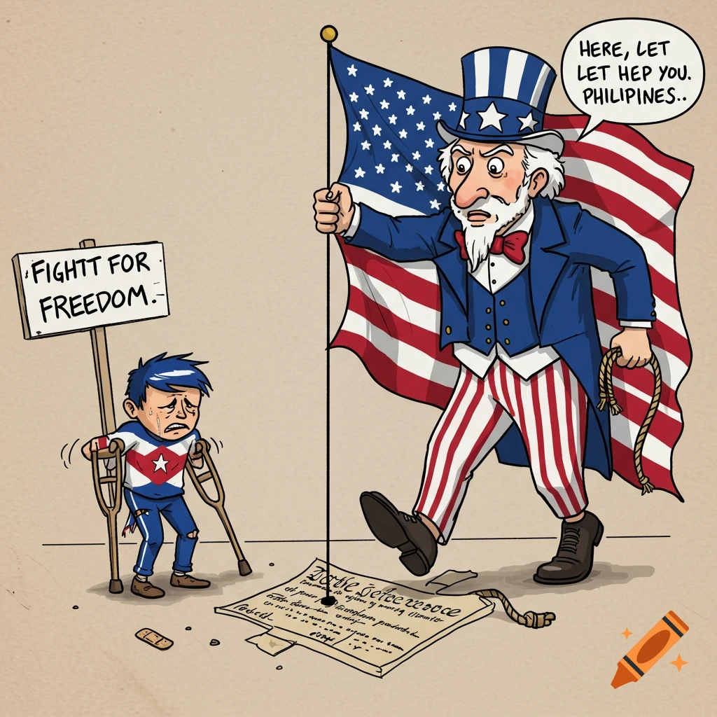 Political cartoon depicting Uncle Sam 'helping' Cuba/Philippines while undermining their freedom ...