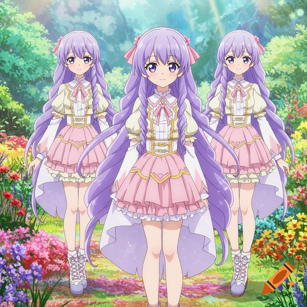Three anime girls with lavender hair in frilly pink and blue dresses ...