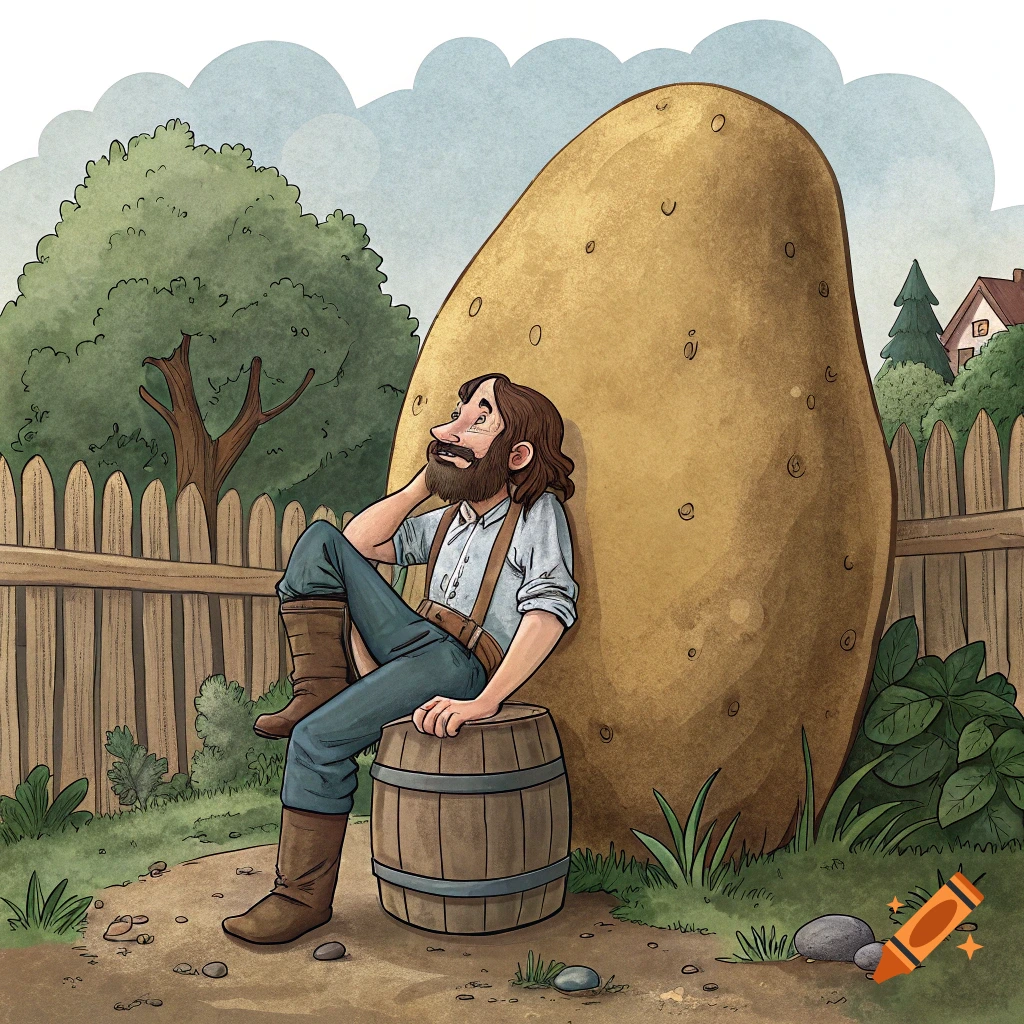 Illustration of a man sitting on a barrel next to a giant potato in a ...