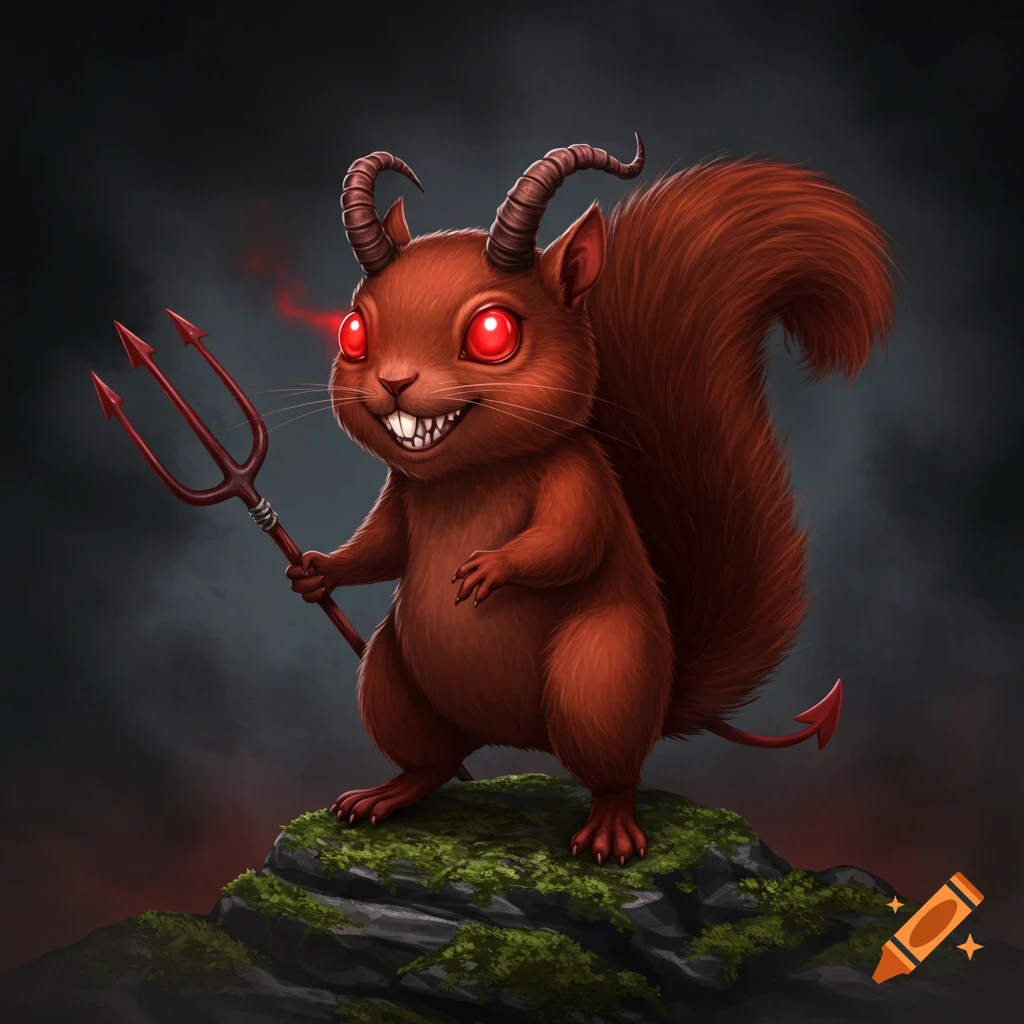 A cute devil squirrel with horns and a trident standing on a rock. on ...