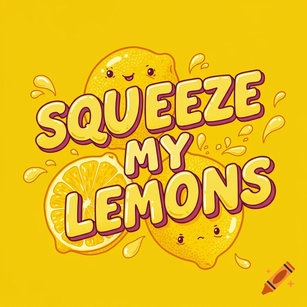 Cartoon illustration of lemons with 'SQUEEZE MY LEMONS' text on yellow ...