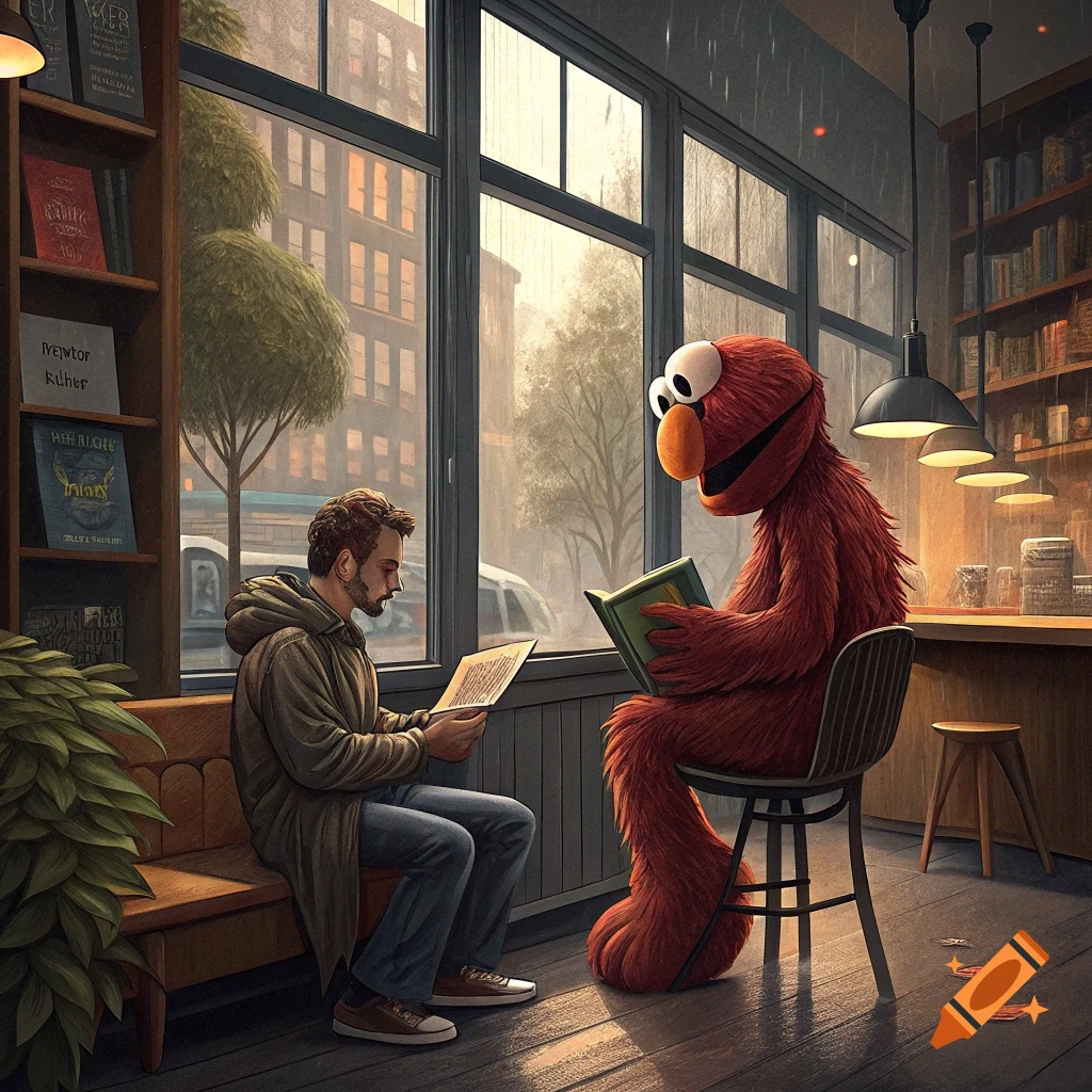 David Duchovny reading to Elmo in a coffee shop on Craiyon
