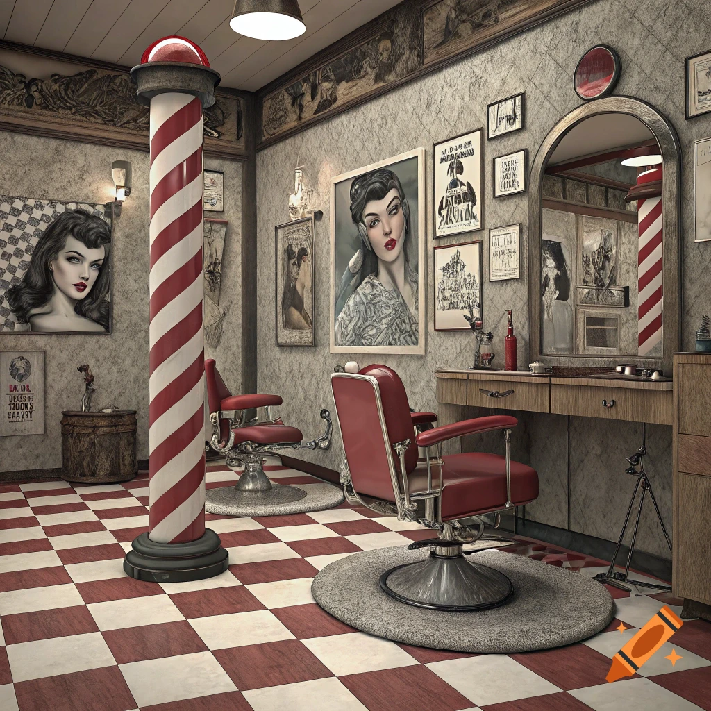 Vintage barbershop interior with red chairs, a barber pole, and pin-up artwork on the walls. on ...