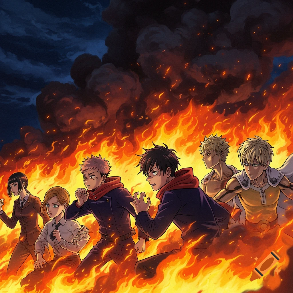 Jujutsu Kaisen and One Punch Man characters in fire at night on Craiyon