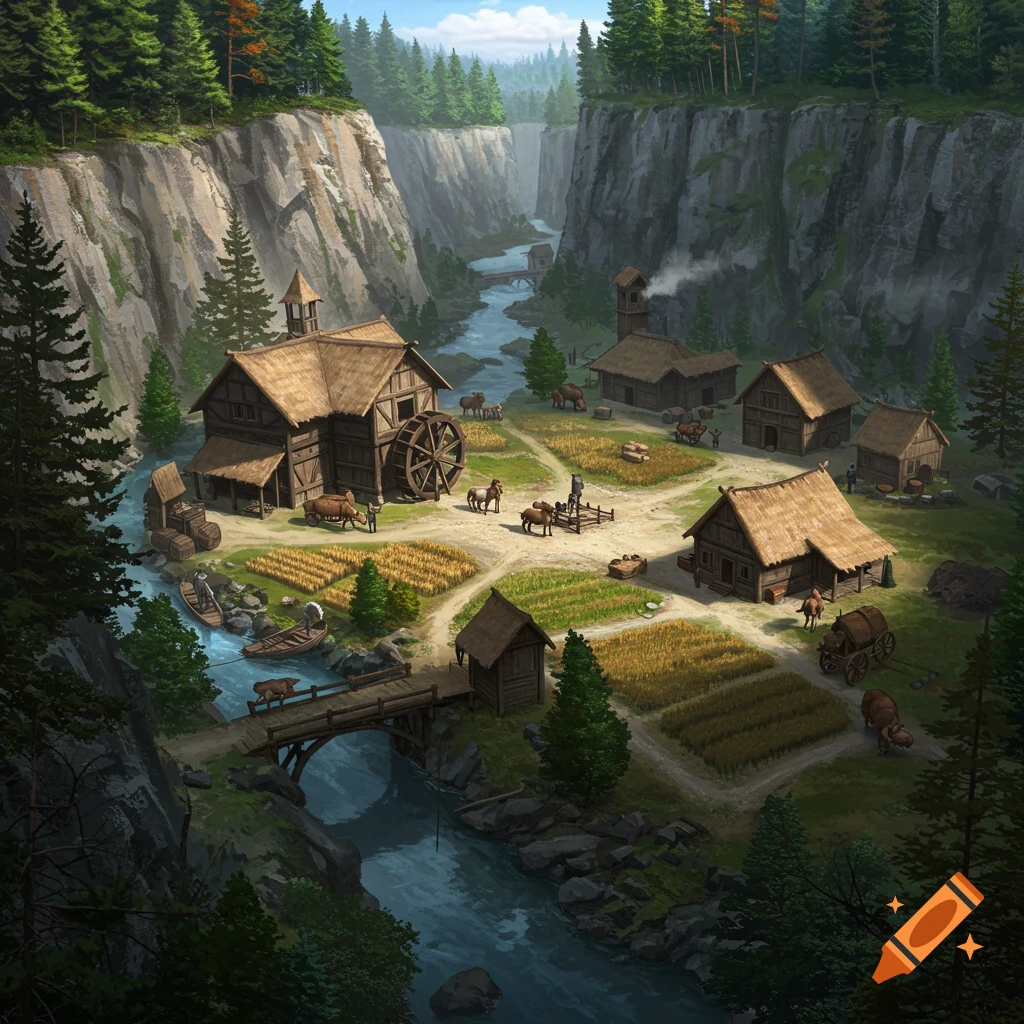 Dark age village in a wooded canyon with river, farmland, mill, and ...