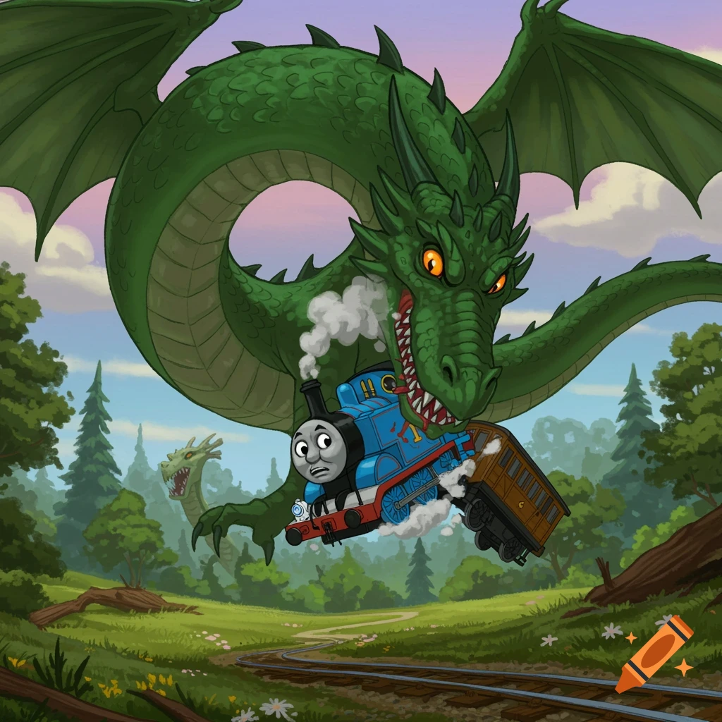 A dragon eating Thomas the Train on Craiyon
