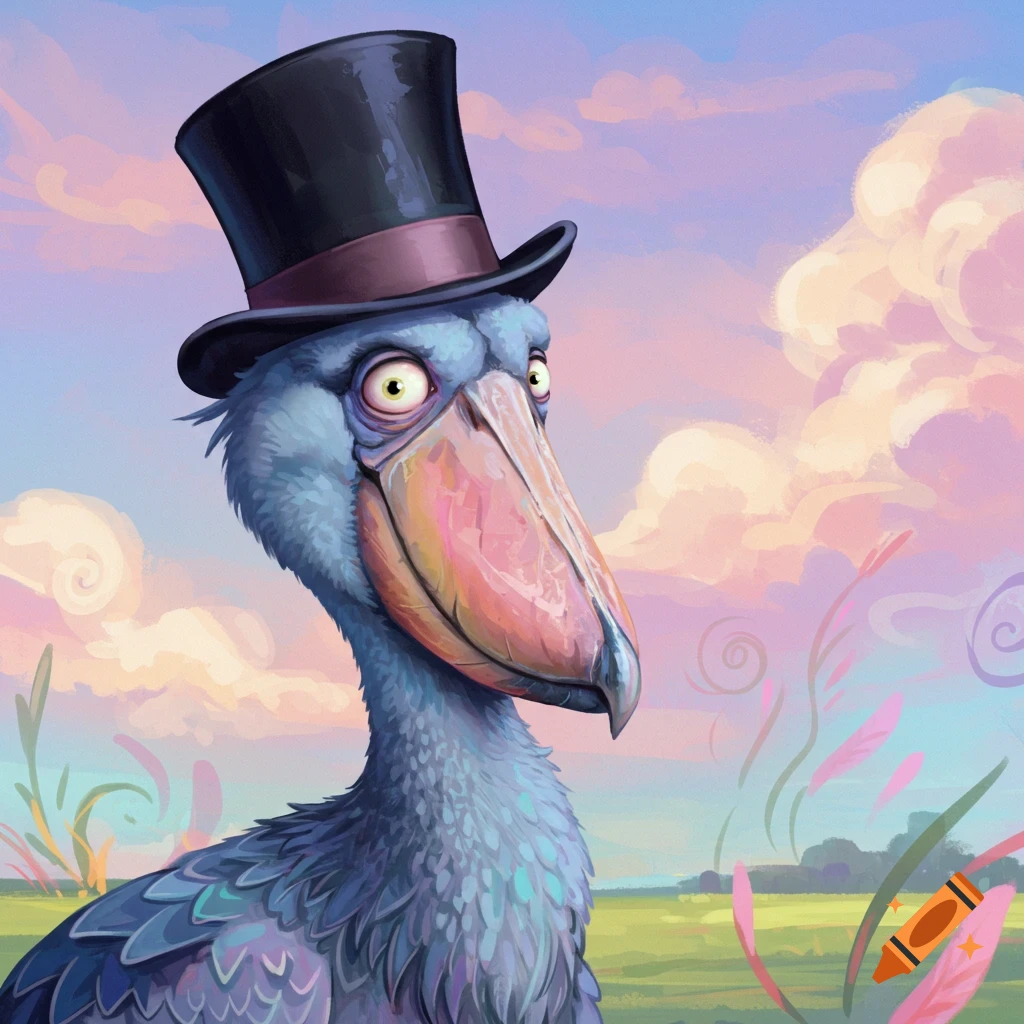 Drunken shoebill stork wearing a hat on Craiyon