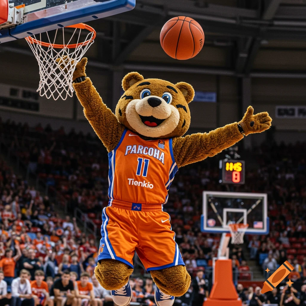 A large bear mascot in a basketball uniform attempts to dunk a ...